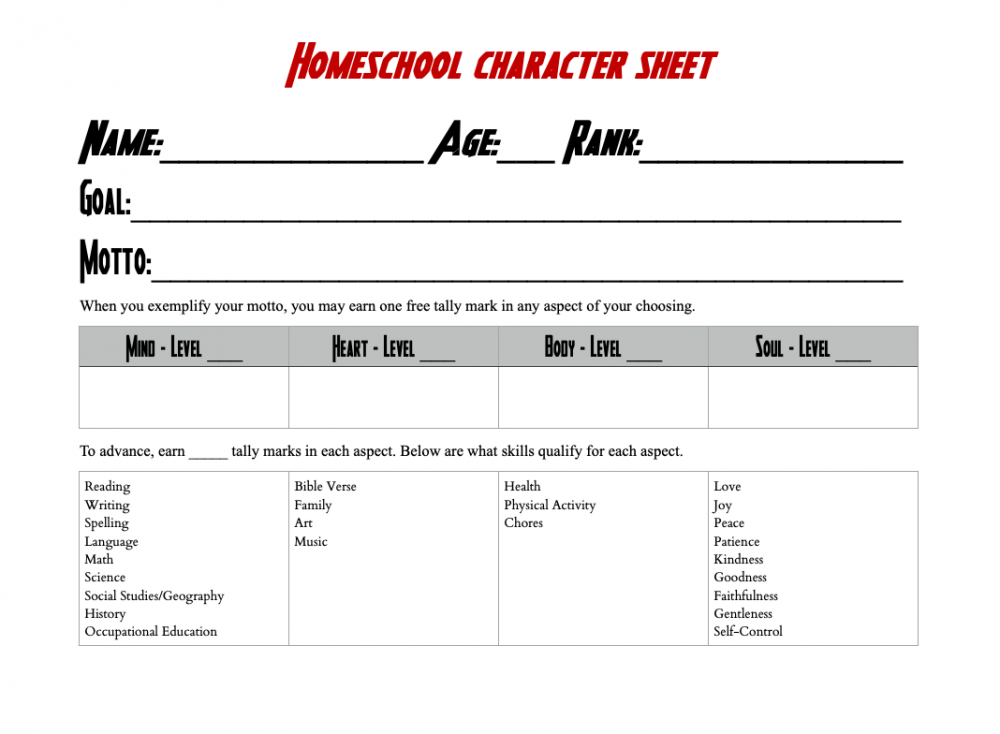 Homeschool Character Sheet - Games Afoot